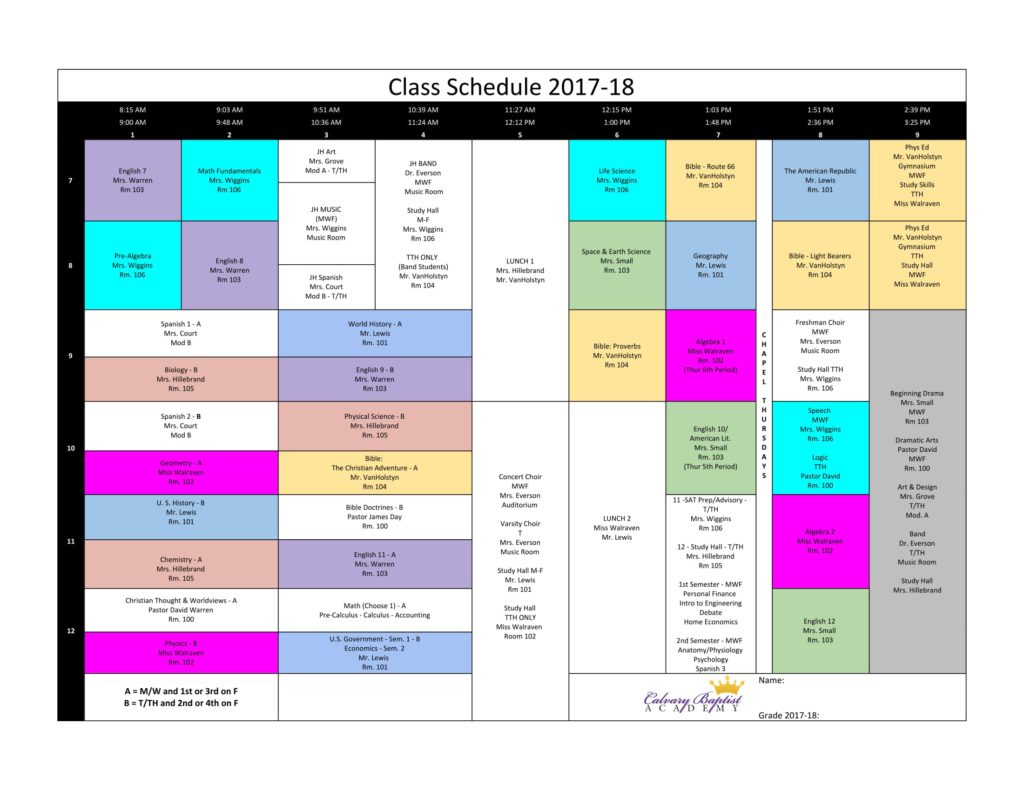 Class Schedules - Calvary Baptist Academy